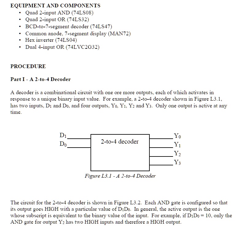 EQUIPMENT AND COMPONENTS Quad 2-input AND (74LS08) Quad 2-input OR ...