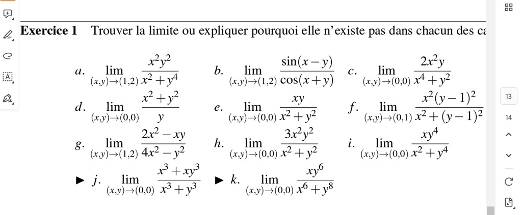Exercice 1 Trouver la limite ou expliquer pourquoi elle n'existe pas ...