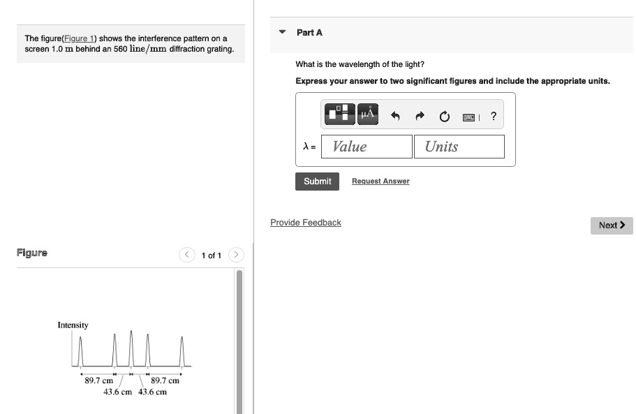 SOLVED: The figure (Figure 1) shows the interference pattern on a screen 1.0 m behind a 560 line ...