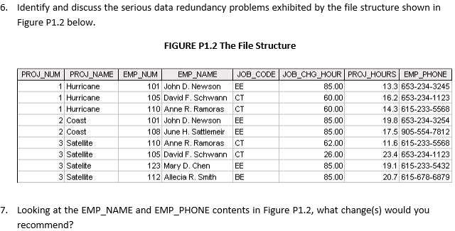 6. Identify and discuss the serious data redundancy problems exhibited by the file structure ...