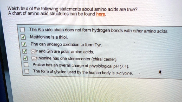 SOLVED: Which four of the following statements about amino acids are ...