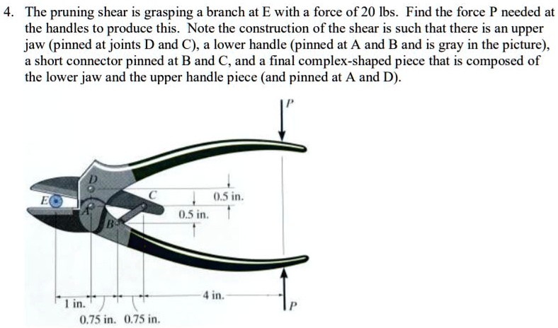 4. The pruning shear is grasping a branch at E with a force of 20 lbs ...