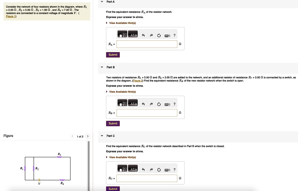 Consider the network of four resistors shown in the diagram, where R1 ...