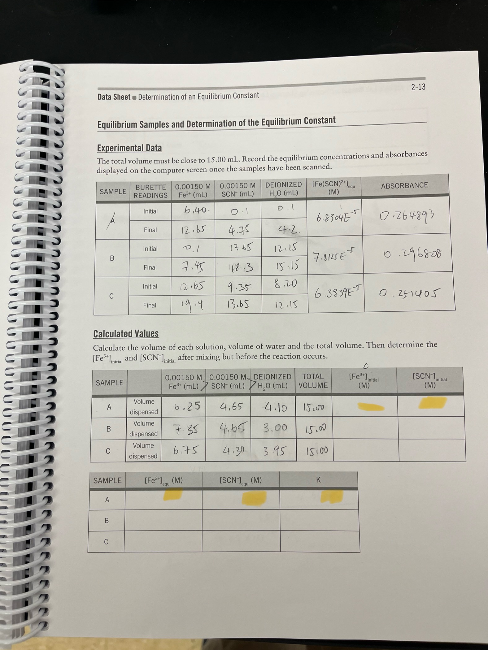 [GET ANSWER] Data Sheet · Determination of an Equilibrium Constant 2-13 ...