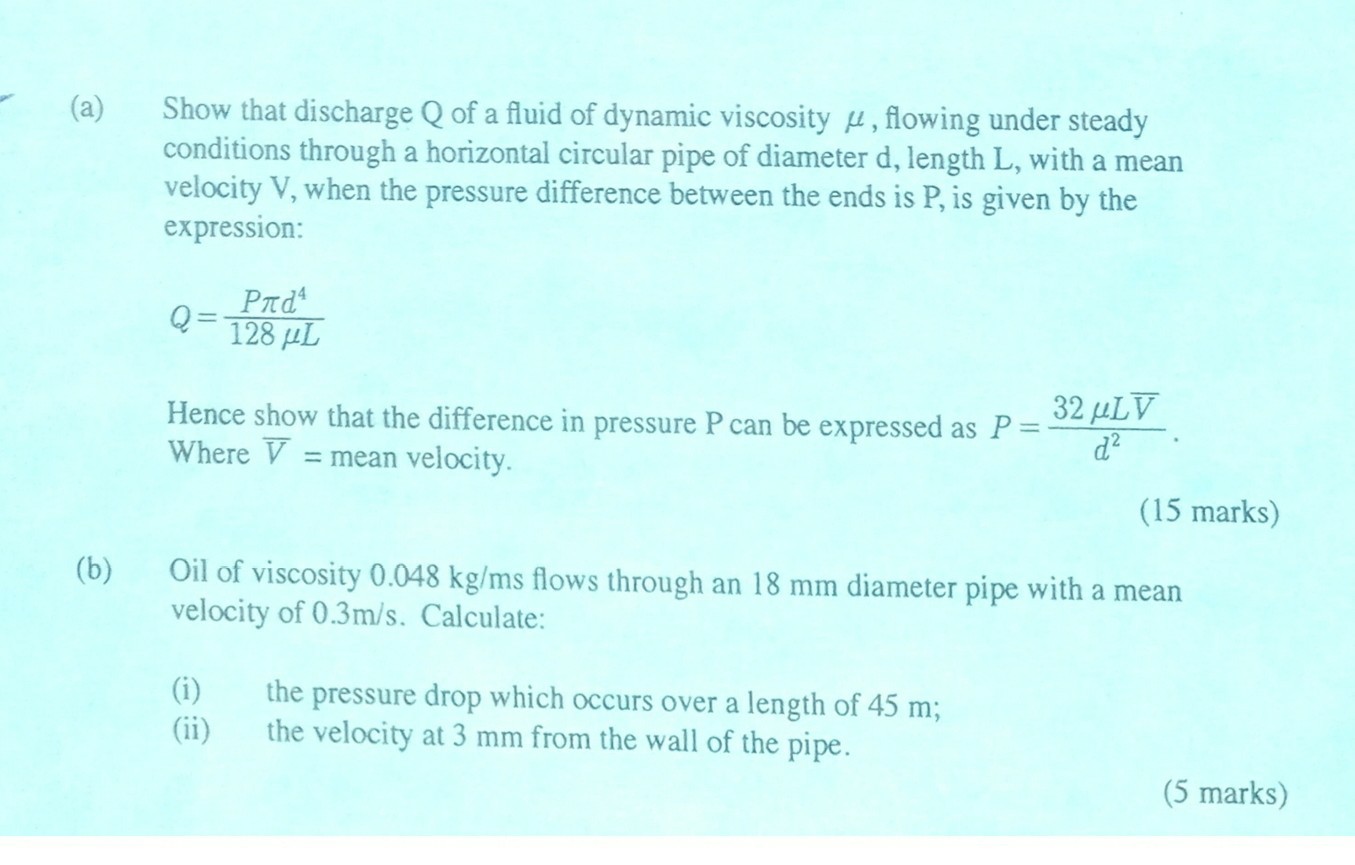 (a) Show that discharge Q of a fluid of dynamic viscosity μ, flowing under steady conditions ...
