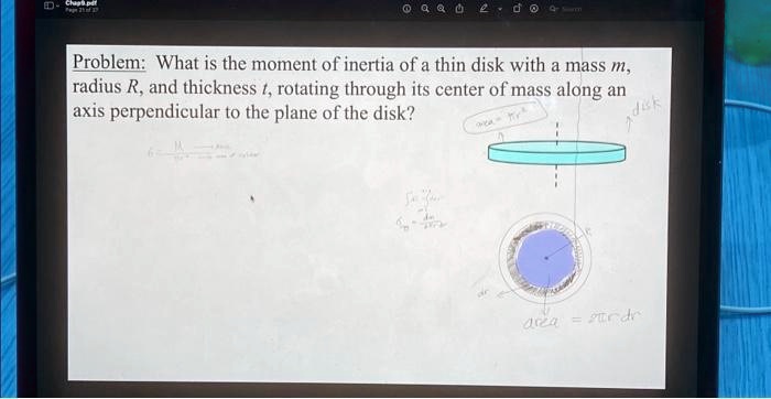 Problem: What is the moment of inertia of a thin disk with a mass m ...