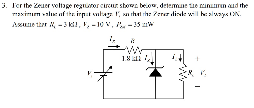 3. For the Zener voltage regulator circuit shown below, determine the minimum and the maximum ...