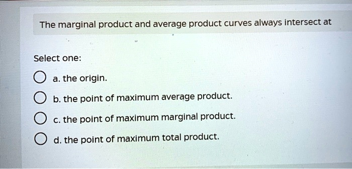 SOLVED: The marginal product and average product curves always intersect at Select one: a. the ...