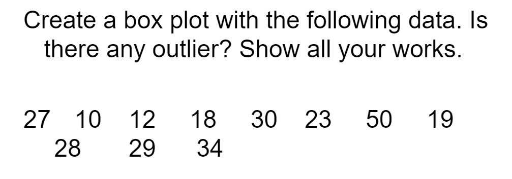 SOLVED: Create a box plot with the following data. Is there any outlier ...