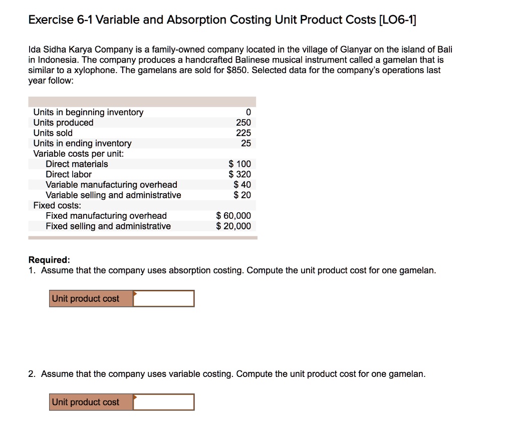SOLVED: Exercise 6-1 Variable and Absorption Costing Unit Product Costs [LO6-1] Ida Sidha Karya ...