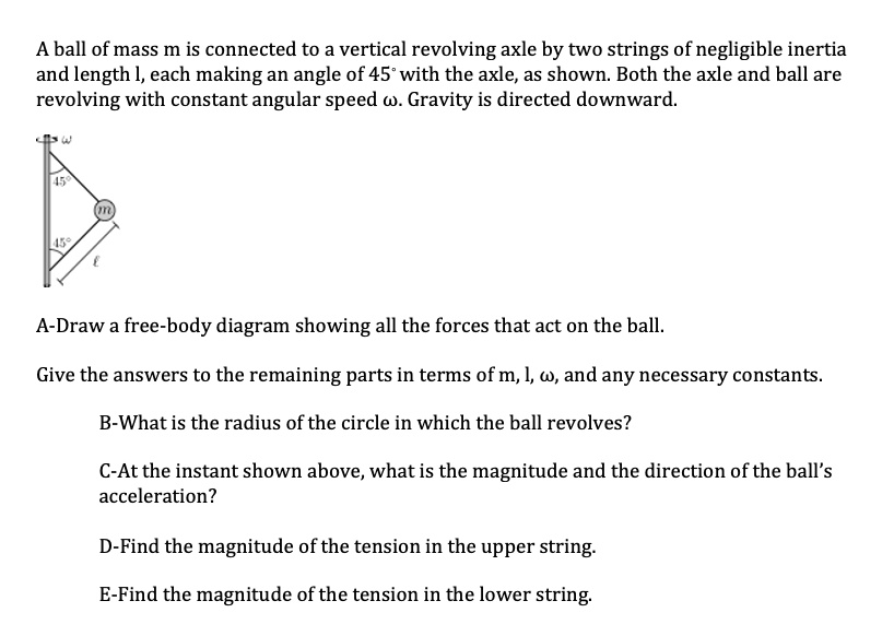 A ball of mass m is connected to a vertical revolving axle by two ...