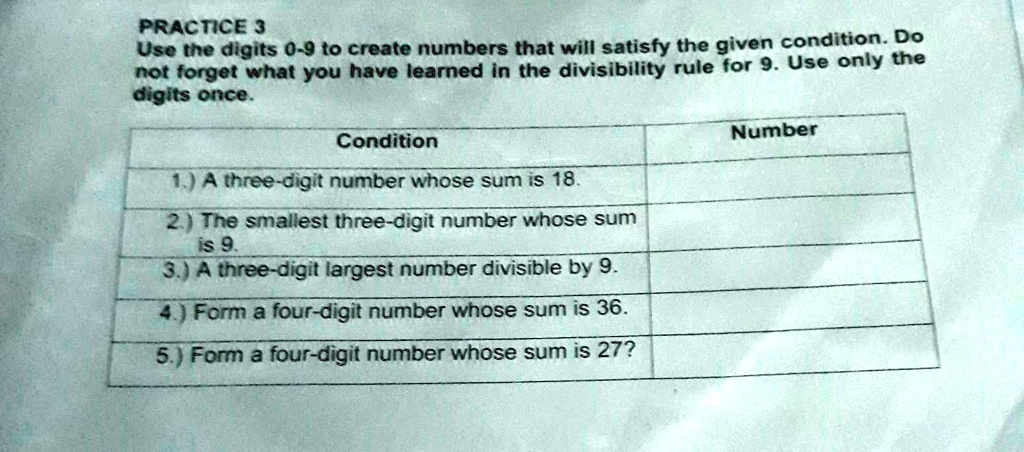 SOLVED: PRACTICE 3 Use the digits 0-9 to create numbers that will satisfy the given condition ...