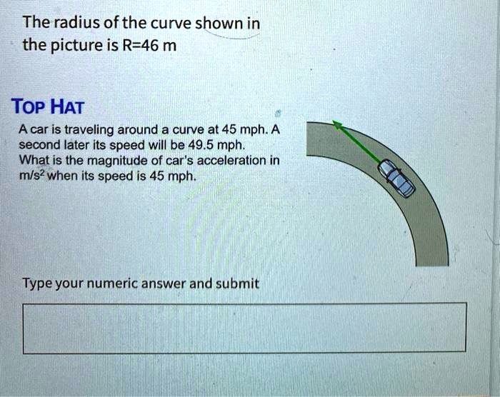 SOLVED: The radius of the curve shown in the picture is R-46 m TOP HAT ...