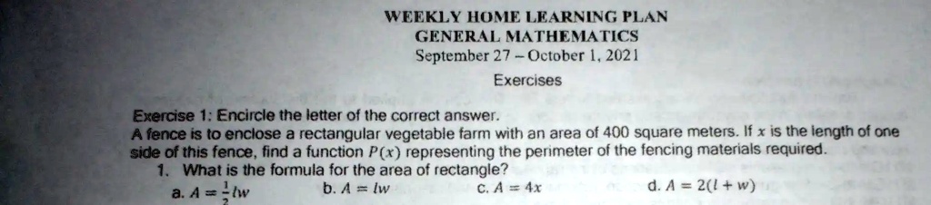 WEEKLY HOME LEARNING PLAN GENERAL MATHEMATICS September 27 October [, 202 1 Exercises Exercise 1 ...