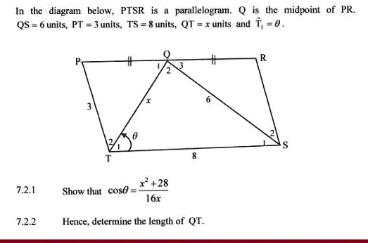 the diagram below ptsr parallelogram the midpoint qs units pt 3 units ts 8 units qt runits and t ...