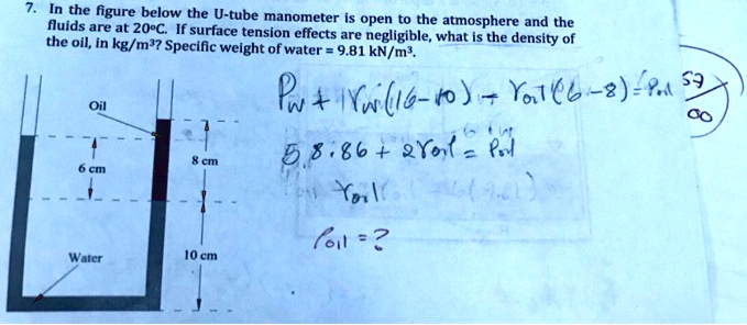 7 in the figure below the u tube manometer is open to the atmosphere and the fluids are at 20c ...