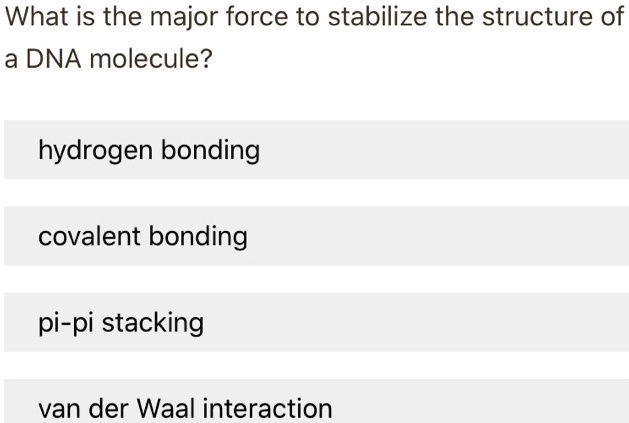SOLVED: What is the major force to stabilize the structure of DNA ... SOLVED: What is the major force to stabilize the structure of DNA ...