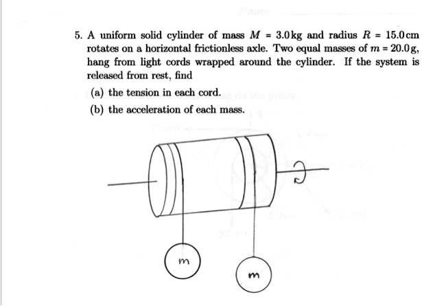 SOLVED: uniform solid cylinder of mass M 3.0kg and radius R 15.0cm ...