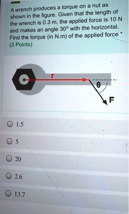 SOLVED: A wrench produces a torque on a nut as shown in the figure ...