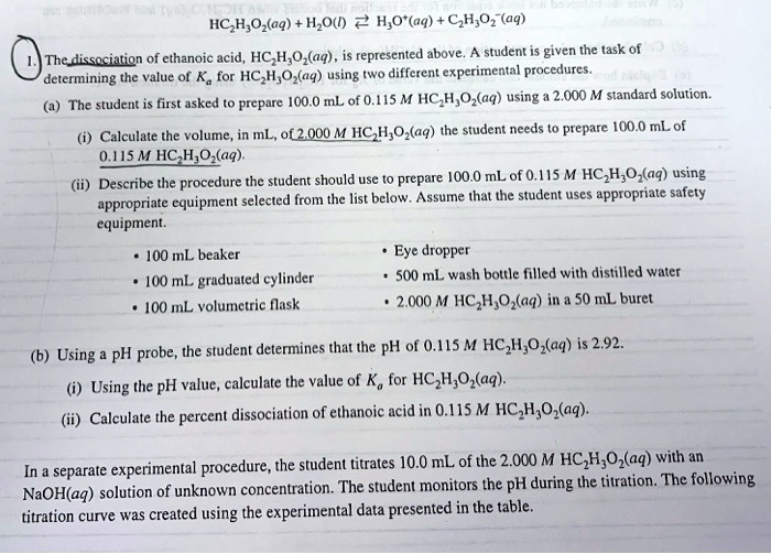 SOLVED: HC2H3O2(aq) + H2O(l) â‡Œ H3O+(aq) + C2H3O2-(aq) The student is ...