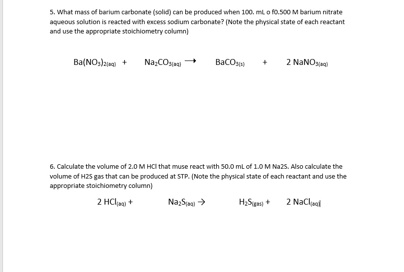 SOLVED: What mass of barium carbonate (solid) can be produced when 100 mL fo.500 M barium ...