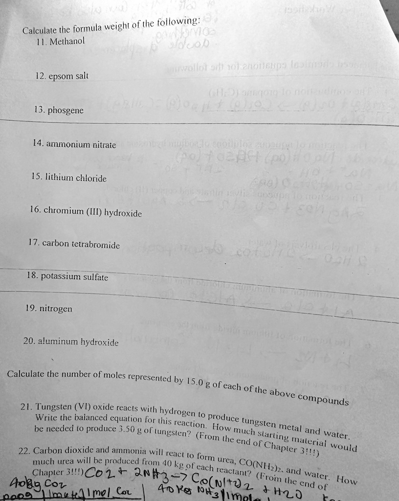 Calculate the formula weight of the following: 11. Methanol 12. epsom ...