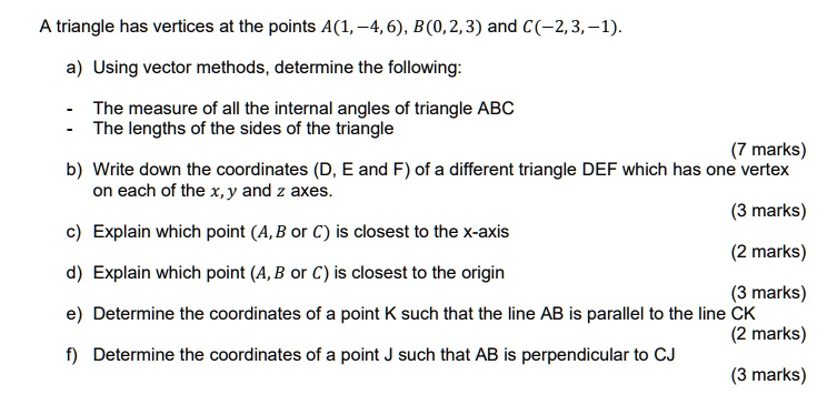 SOLVED: A triangle has vertices at the points A(1,4,6), B(0,2,3) and C ...