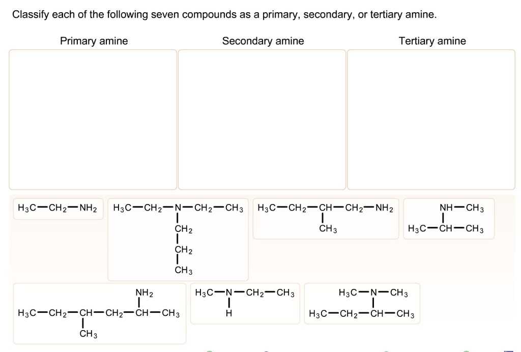 SOLVED: Primary amine Secondary amine Tertiary amine H3C-CH2-NH2 H3C-CH2-NH-CH3 CH2=CH-NH-CH3 ...