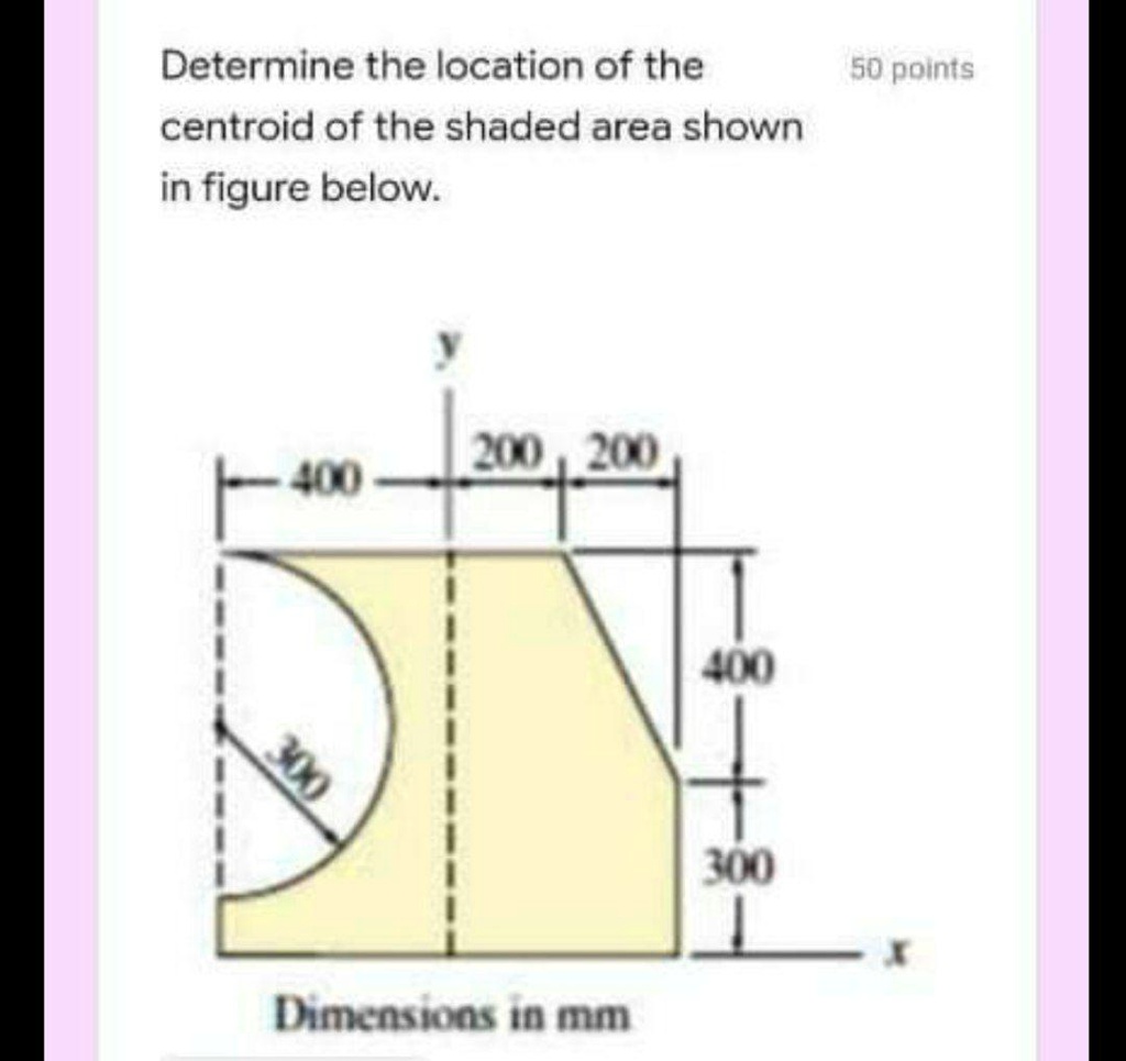 Determine the location of the centroid of the shaded area shown in figure below. 50 points