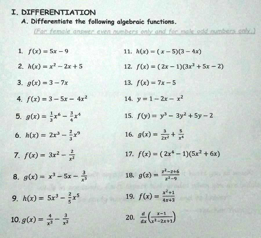I. DIFFERENTIATION A. Differentiate the following algebraic functions ...