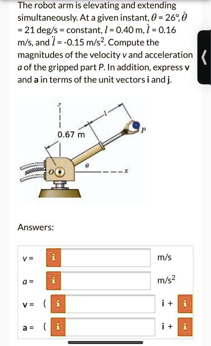 SOLVED: The robot arm is elevating and extending simultaneously. At a given instant, Î¸ = 269Â ...