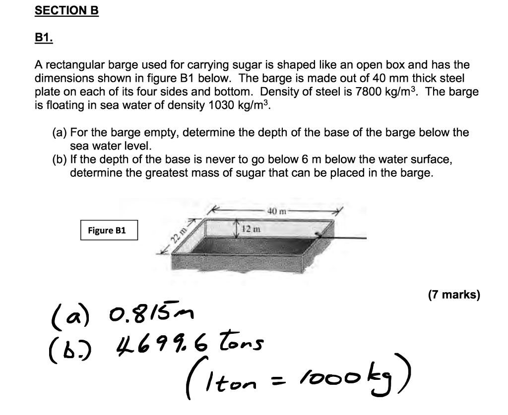 SOLVED: SECTION B B1. A rectangular barge used for carrying sugar is ...