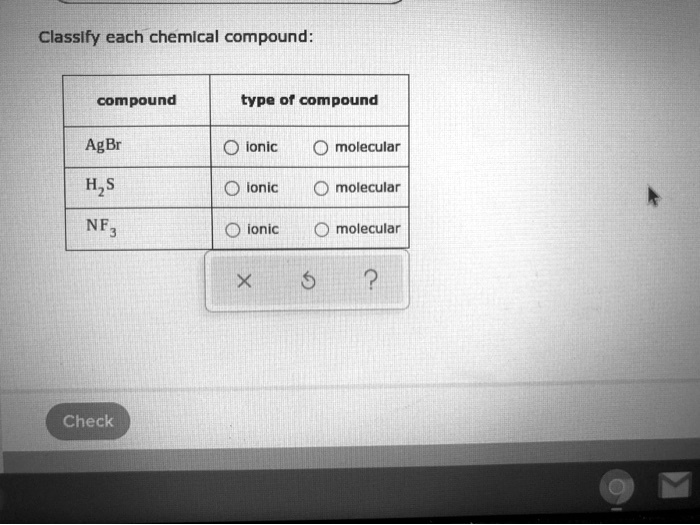 SOLVED: Classlfy each chemlcal compound: compound type of compound AgBr ...
