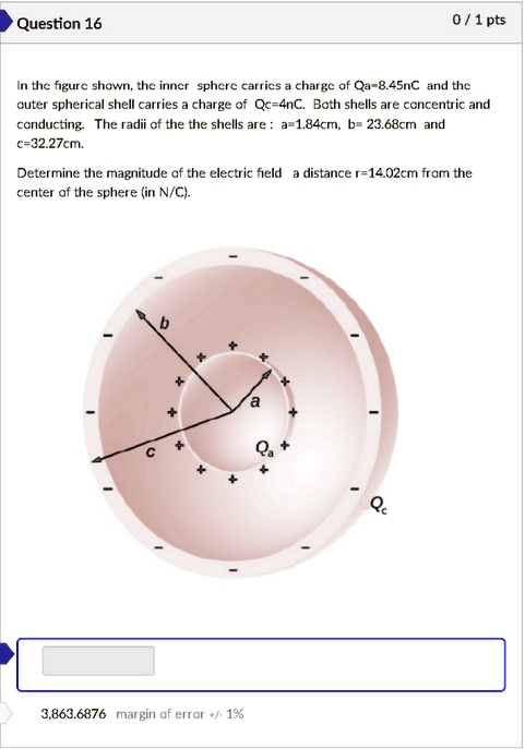 SOLVED: Question 16 0/1pts In thc figure shown, the inner sphere ...