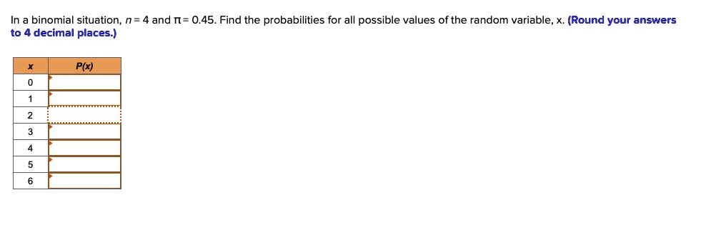 SOLVED: In a binomial situation, n = 4 and p = 0.45. Find the probabilities for all possible ...