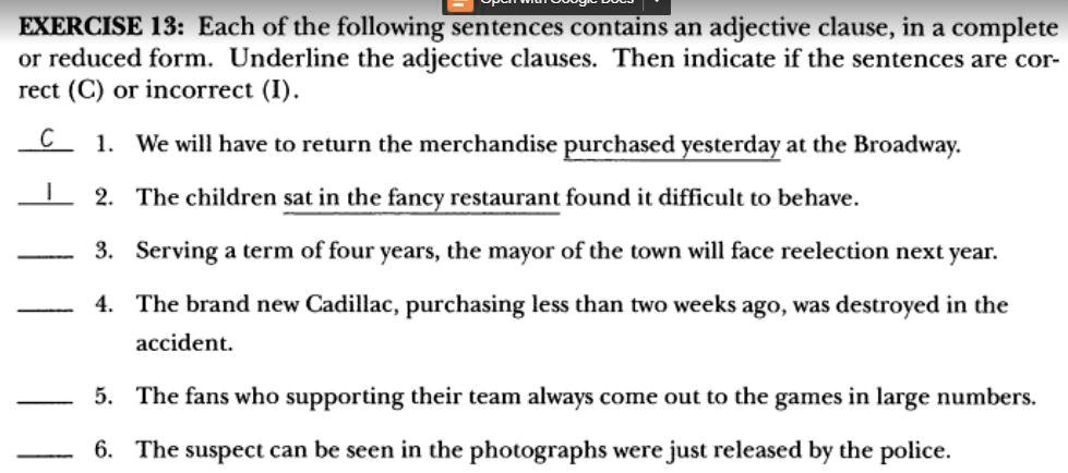 SOLVED: Exercise 13: Each of the following sentences contains an ...