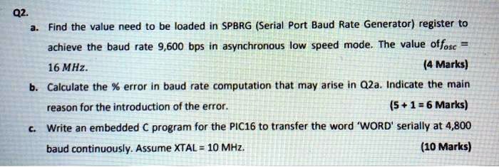 Q2. a. Find the value needed to be loaded in SPBRG (Serial Port Baud ...