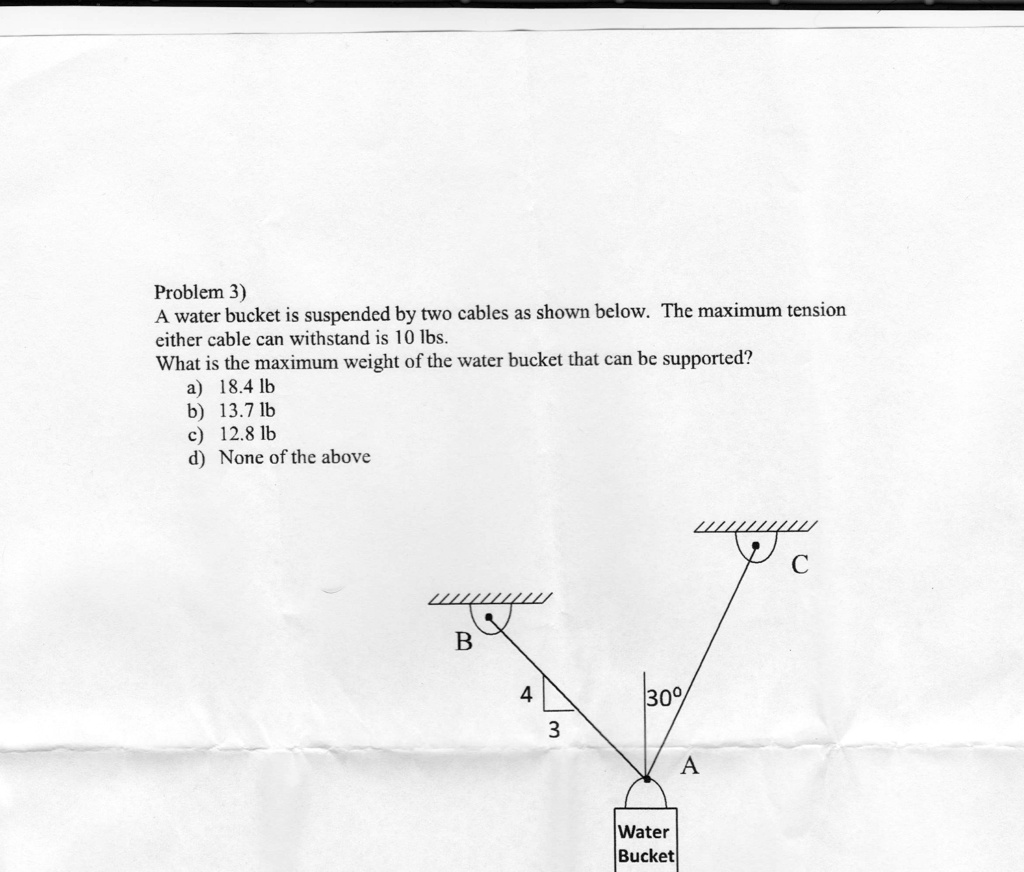 Problem 3) A water bucket is suspended by two cables as shown below ... Problem 3) A water bucket is suspended by two cables as shown below ...