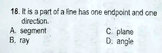 SOLVED: 18 . It is a part of a line has one endpoint and one direction ...