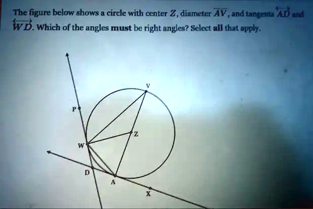 The figure below shows a circle with center Z, diameter AV, and tangents AD and WD. Which of the ...
