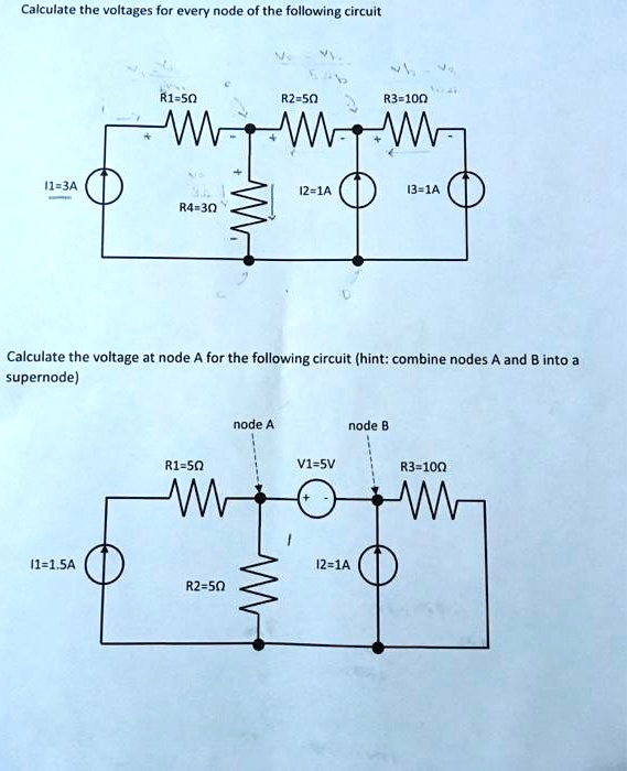 Calculate the voltages for every node of the following circuit 11=3A R1 ...
