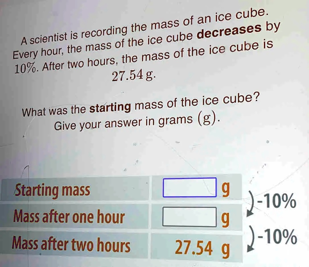 A scientist is recording the mass of an ice cube. Every hour, the mass ...