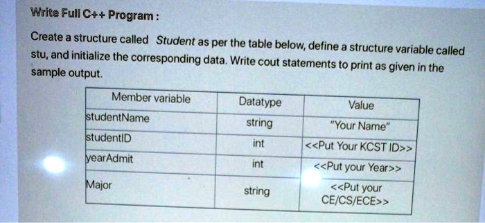 write full cprogram create a structure called student as per the table belowdefine a structure ...