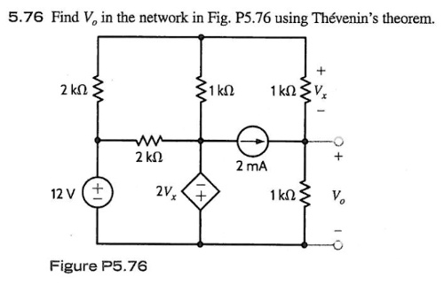 Please find Vo using Thevenin's theorem. Find ( Vo ) in the network in Fig. P5.76 using Thévenin ...