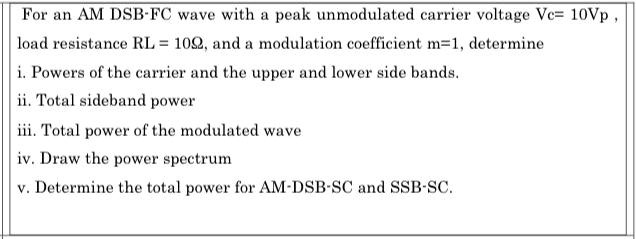 For an AM DSB-FC wave with a peak unmodulated carrier voltage Vc=10Vp ...
