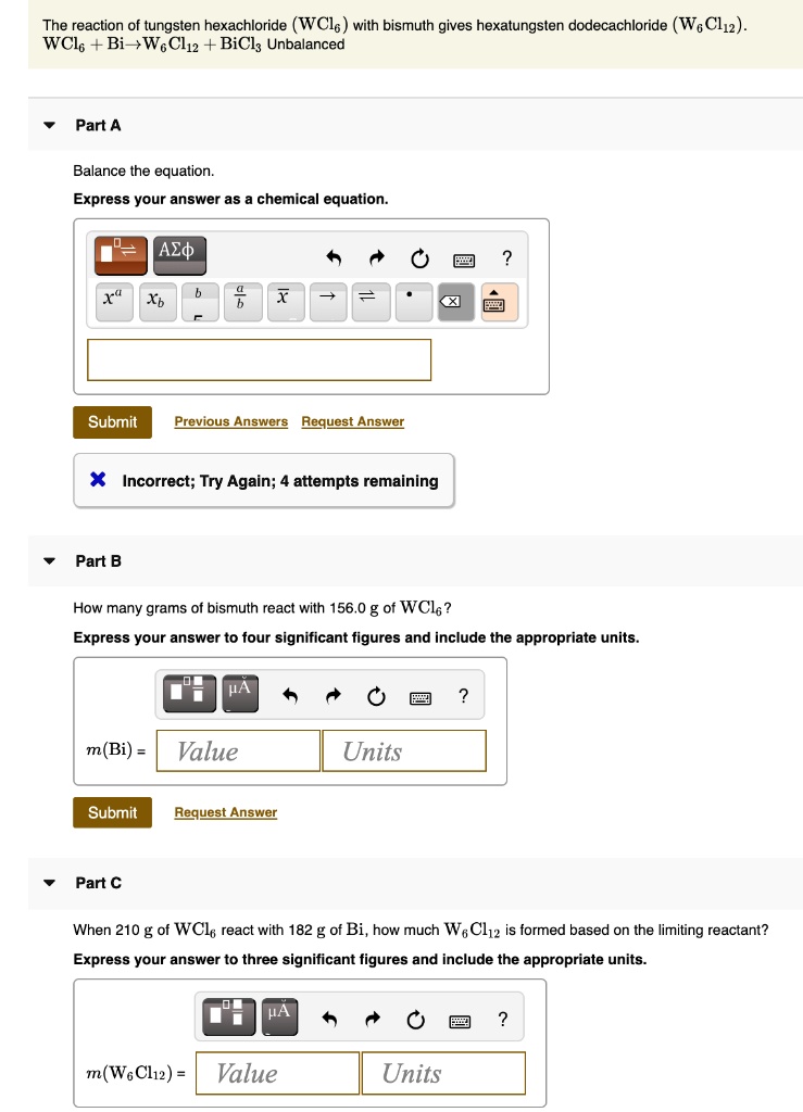 The reaction of tungsten hexachloride (WCl6) with bismuth gives ...