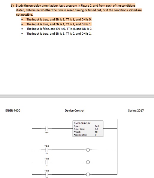 2) Study the on-delay timer ladder logic program in Figure 2, and from ...
