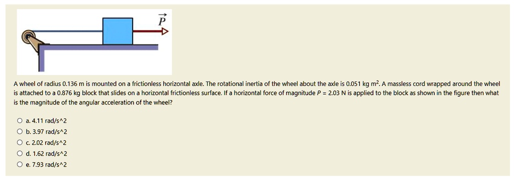 A wheel of radius 0.136 m is mounted on a frictionless horizontal axle ...
