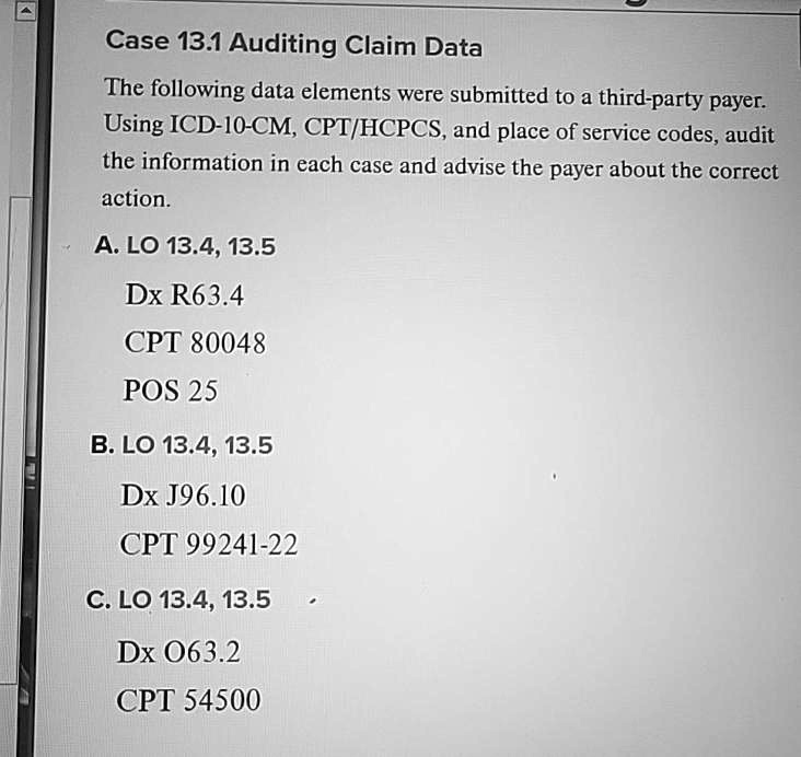 case 131 auditing claim data the following data elements were submitted ...
