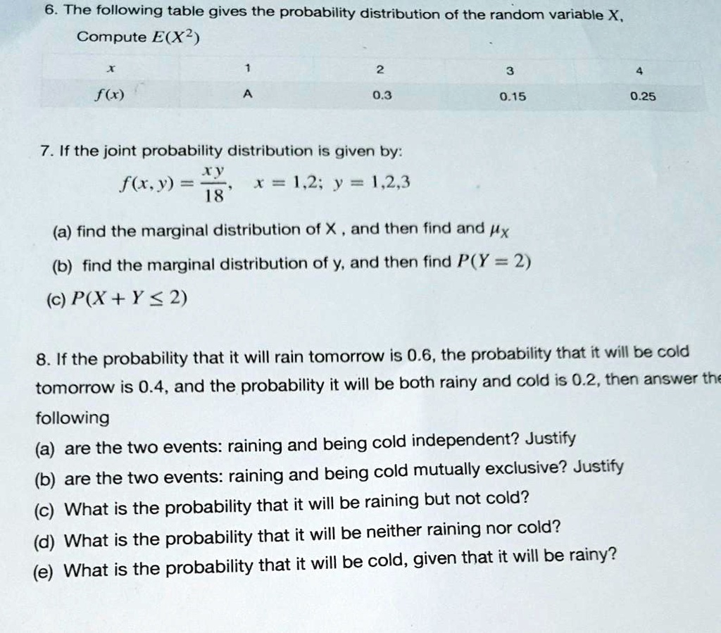 the following table gives the probability distribution of the random variable x compute ex2 fx ...
